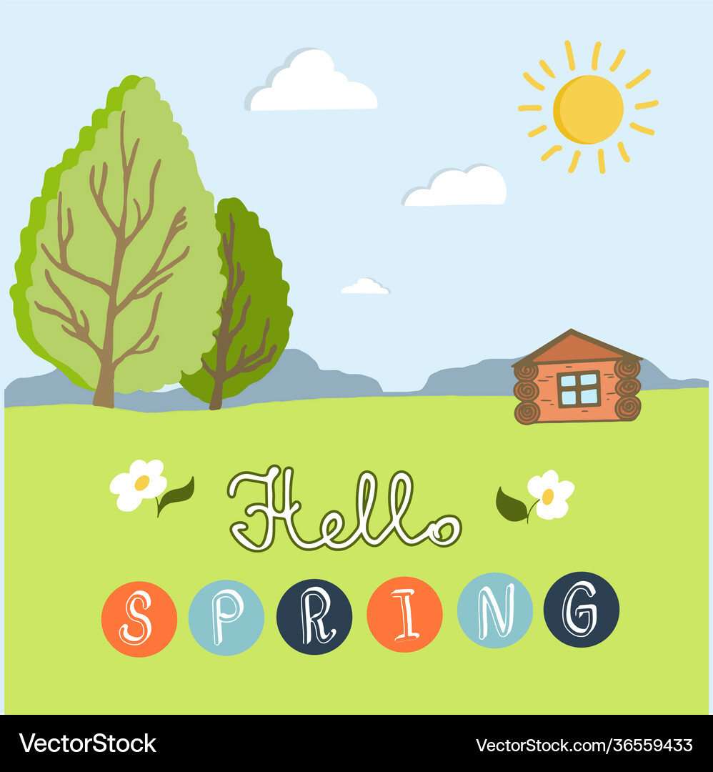 Spring landscape in cartoon style with trees sun Vector Image
