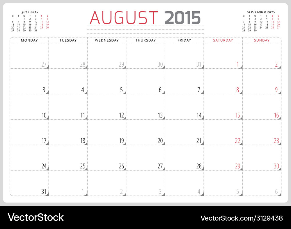 Calendar planner 2015 template week starts monday Vector Image