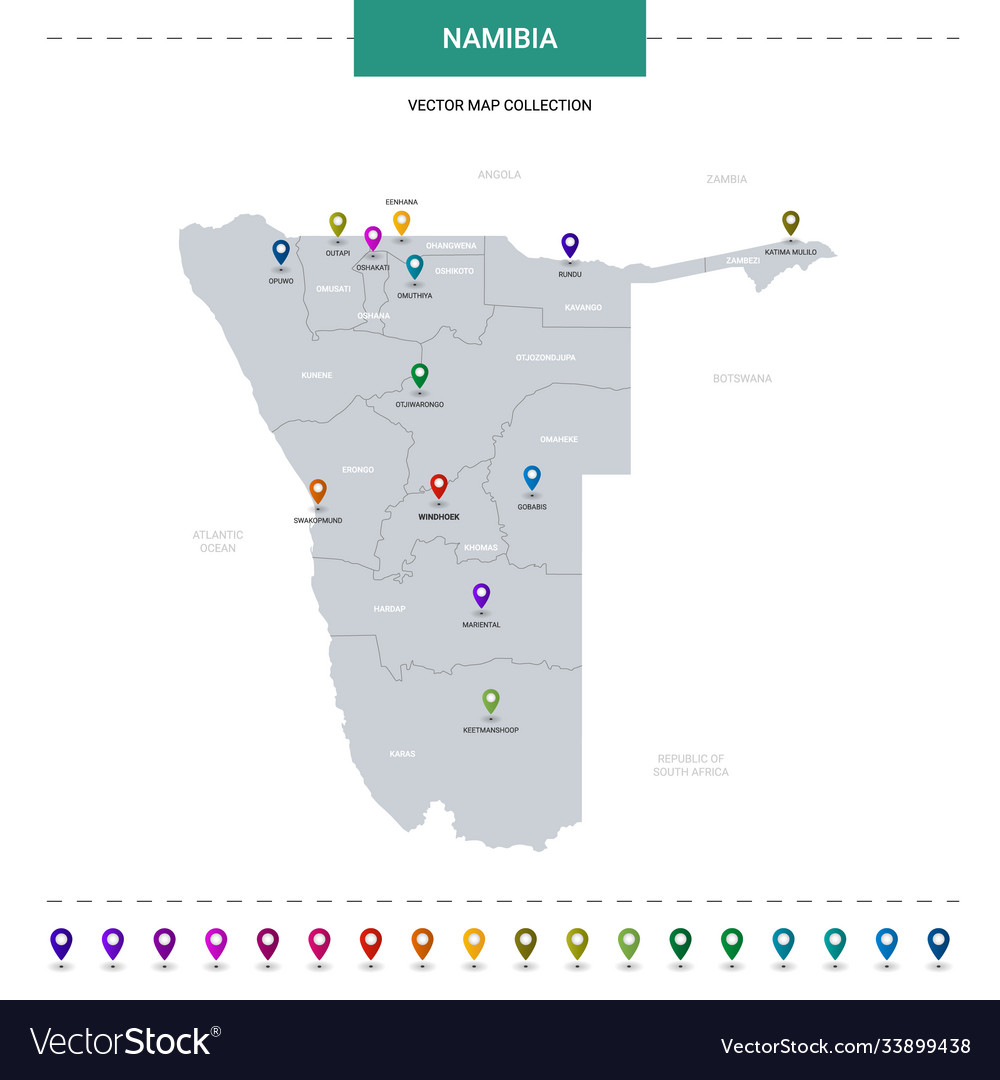 Namibia map with location pointer marks Royalty Free Vector