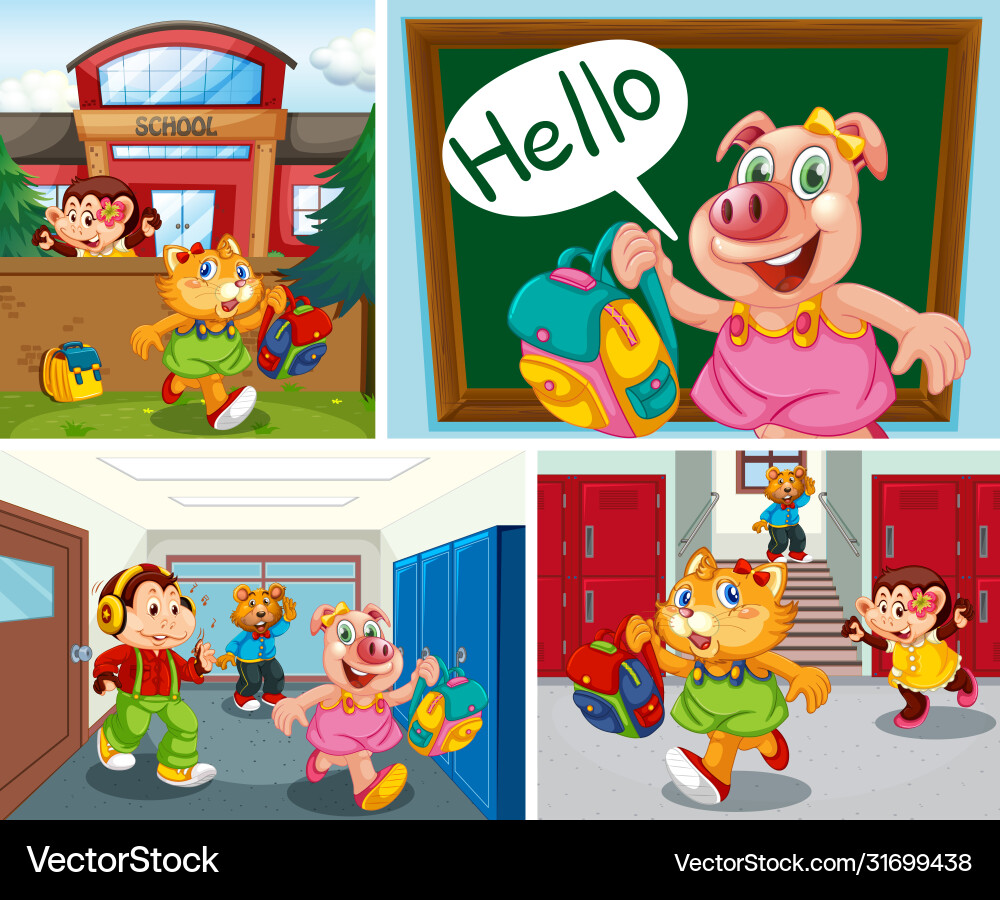 Set animal student at school background Royalty Free Vector