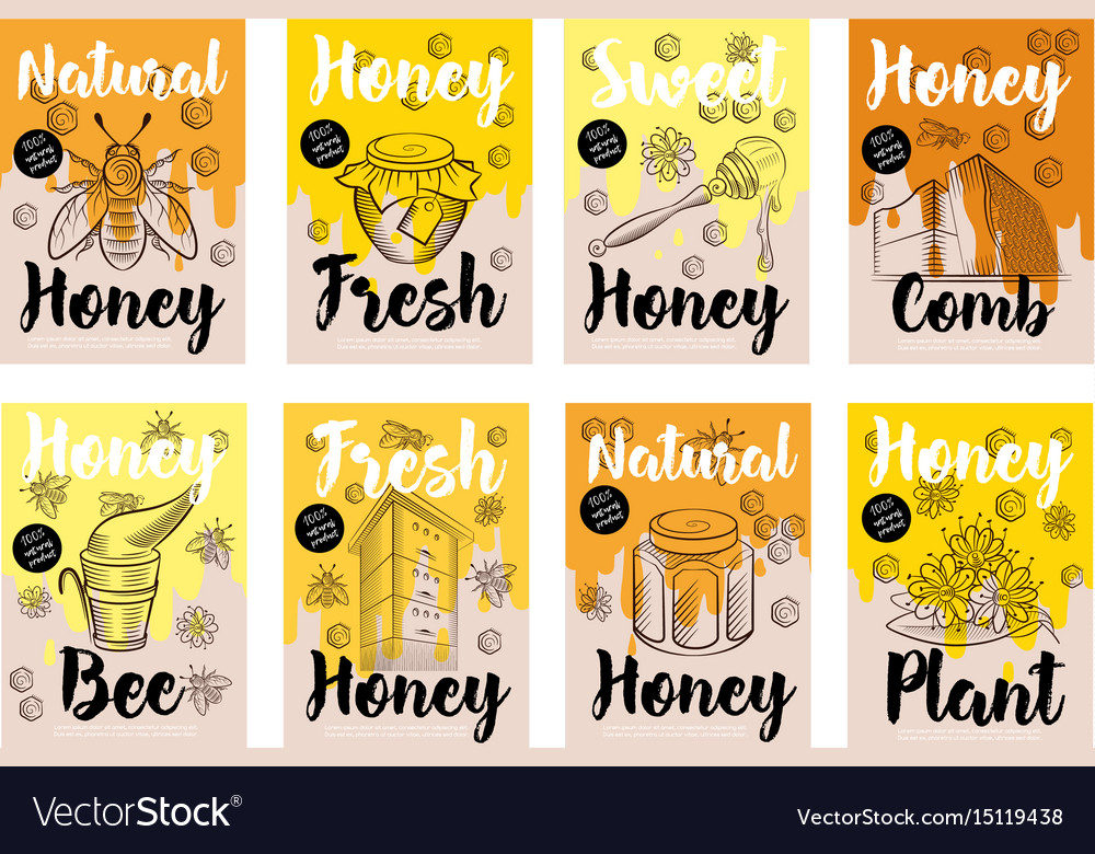 Set hand-drawn posters with honey bees Royalty Free Vector