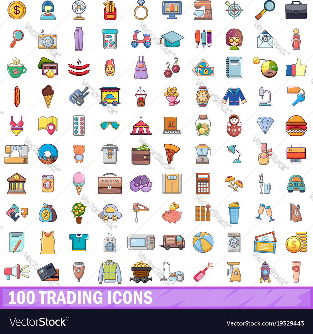 100 trading icons set cartoon style Royalty Free Vector