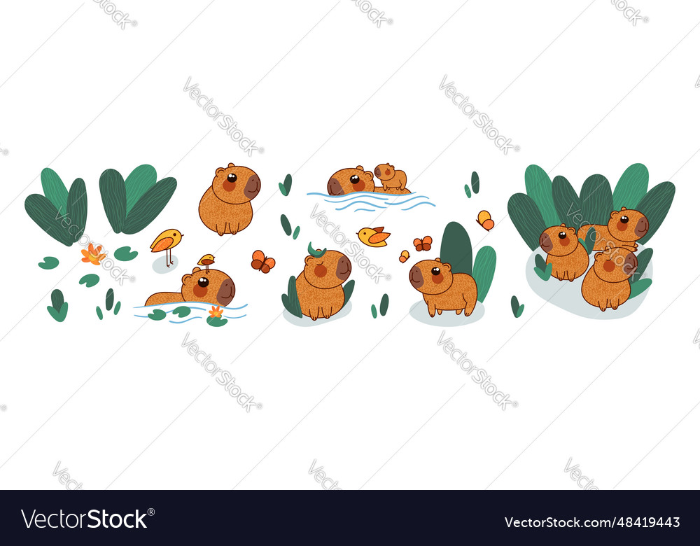 Cute capybara characters set cartoon Royalty Free Vector