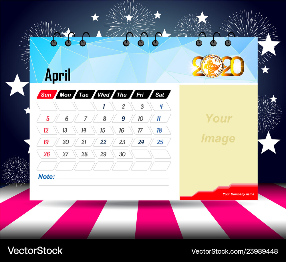 April 2020 calendar for new year Royalty Free Vector Image