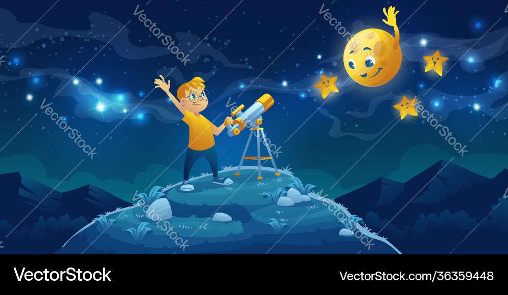 Child look in telescope boy space observation Vector Image