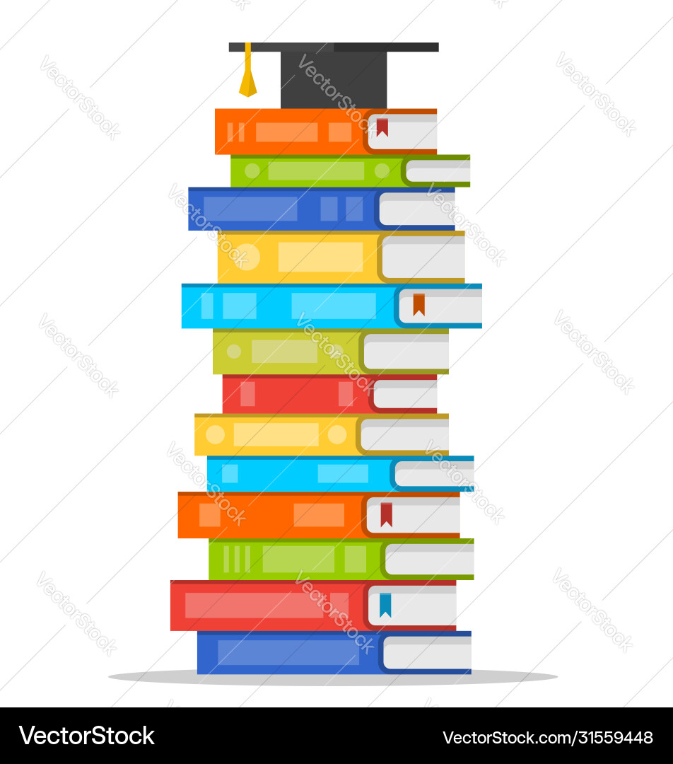 Sheaf colorful books with square academic cap Vector Image
