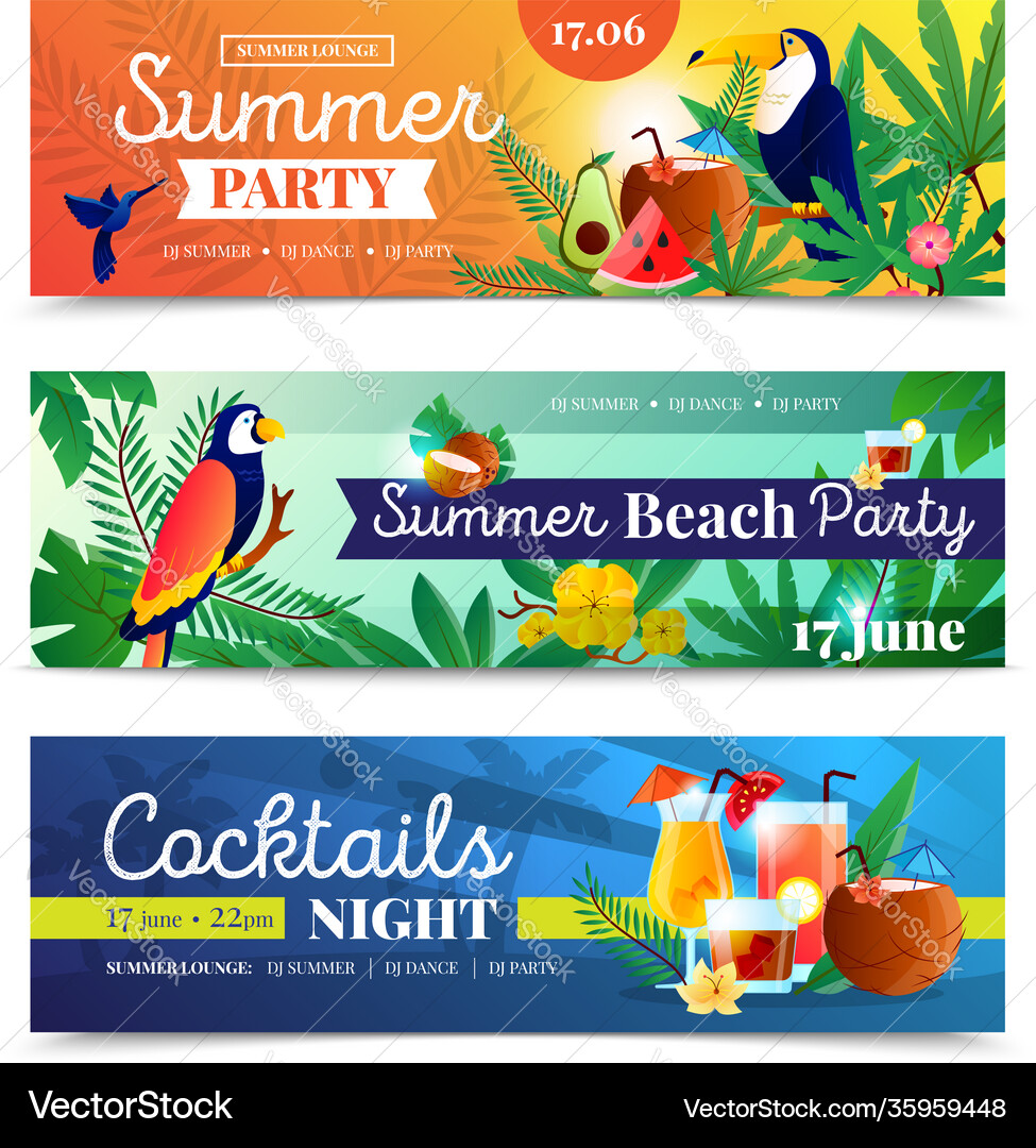 Tropical cocktail beach party banners set Vector Image