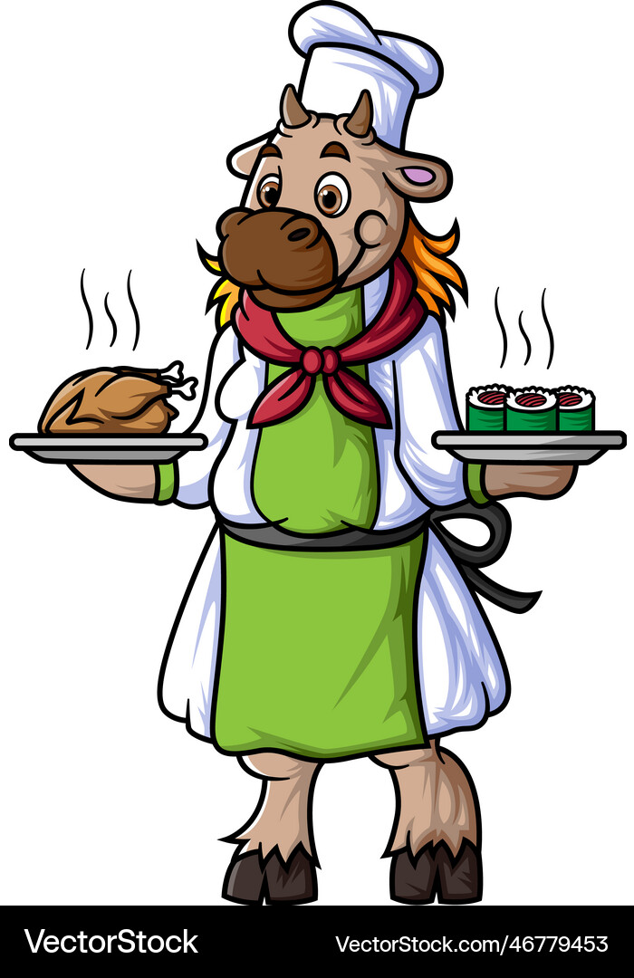 A cartoon sheep working as chef carrying two Vector Image