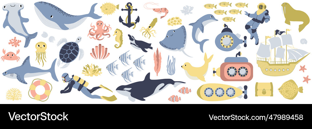 Ocean mega set with whaleturtlejellyfish Vector Image