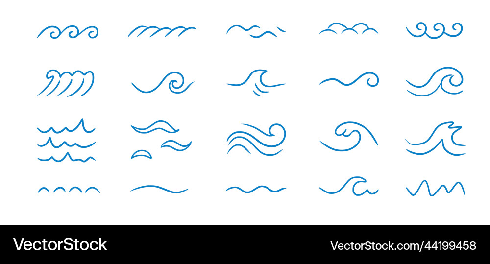 Wave sea line doodle icon set hand drawn sketch Vector Image