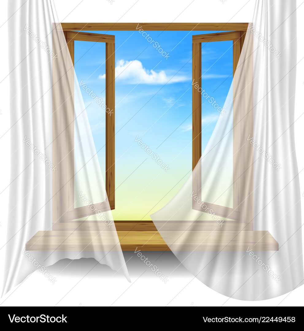Wooden window frame with curtains on a Royalty Free Vector