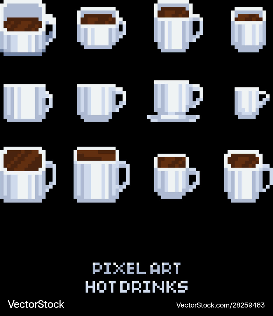 Pixel Art Coffee & Tea Mugs Royalty Free Vector Image