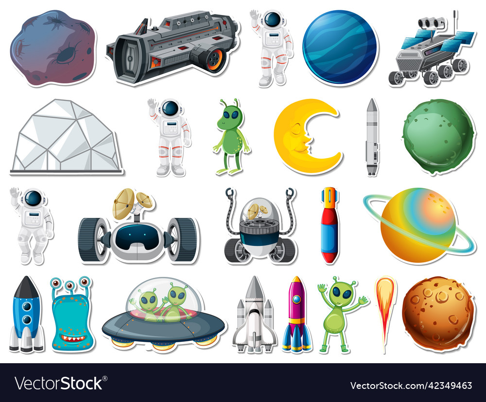Sticker set of outer space objects and astronauts Vector Image