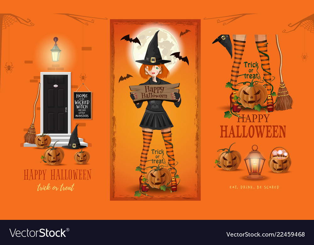 Halloween card with cute witch and jack o lantern Vector Image