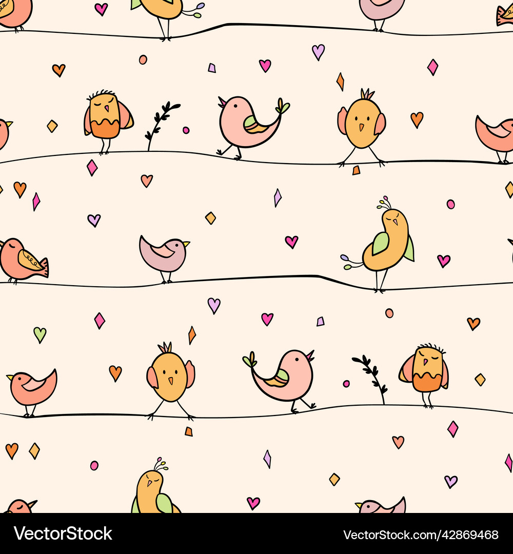 Seamless pattern with funny colorful birds sitting