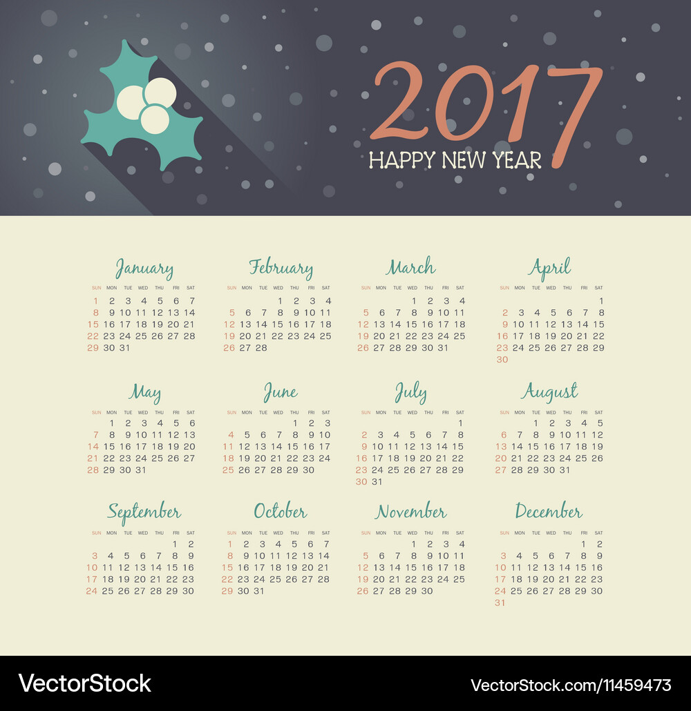 Calendar 2017 year with christmas mistletoe Vector Image