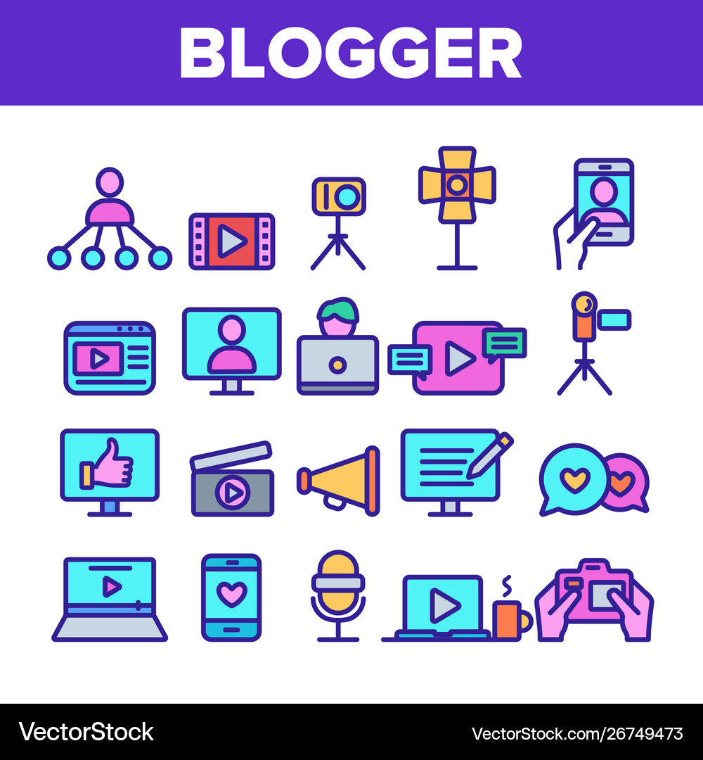 Color blogger thin line icons set Royalty Free Vector Image
