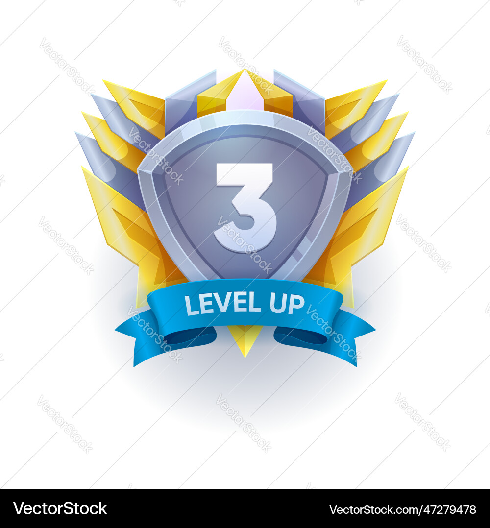 Game level up badge and win icon shield banner Vector Image