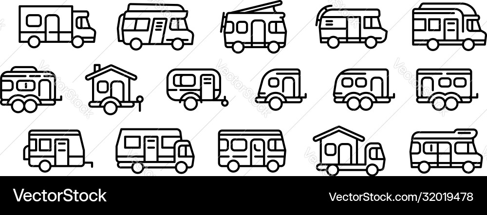 Motorhome icons set outline style Royalty Free Vector Image