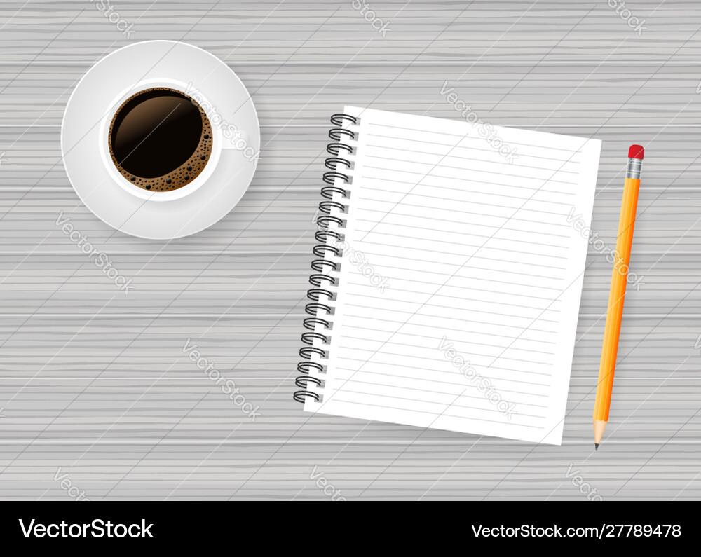 Notepad and pencil coffee on white wood Royalty Free Vector