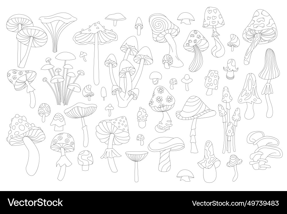 Groovy psychedelic outline line mushrooms set Vector Image