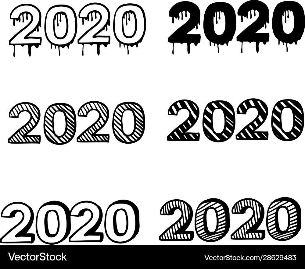 Set hand lettering doodle 2020 isolated Royalty Free Vector