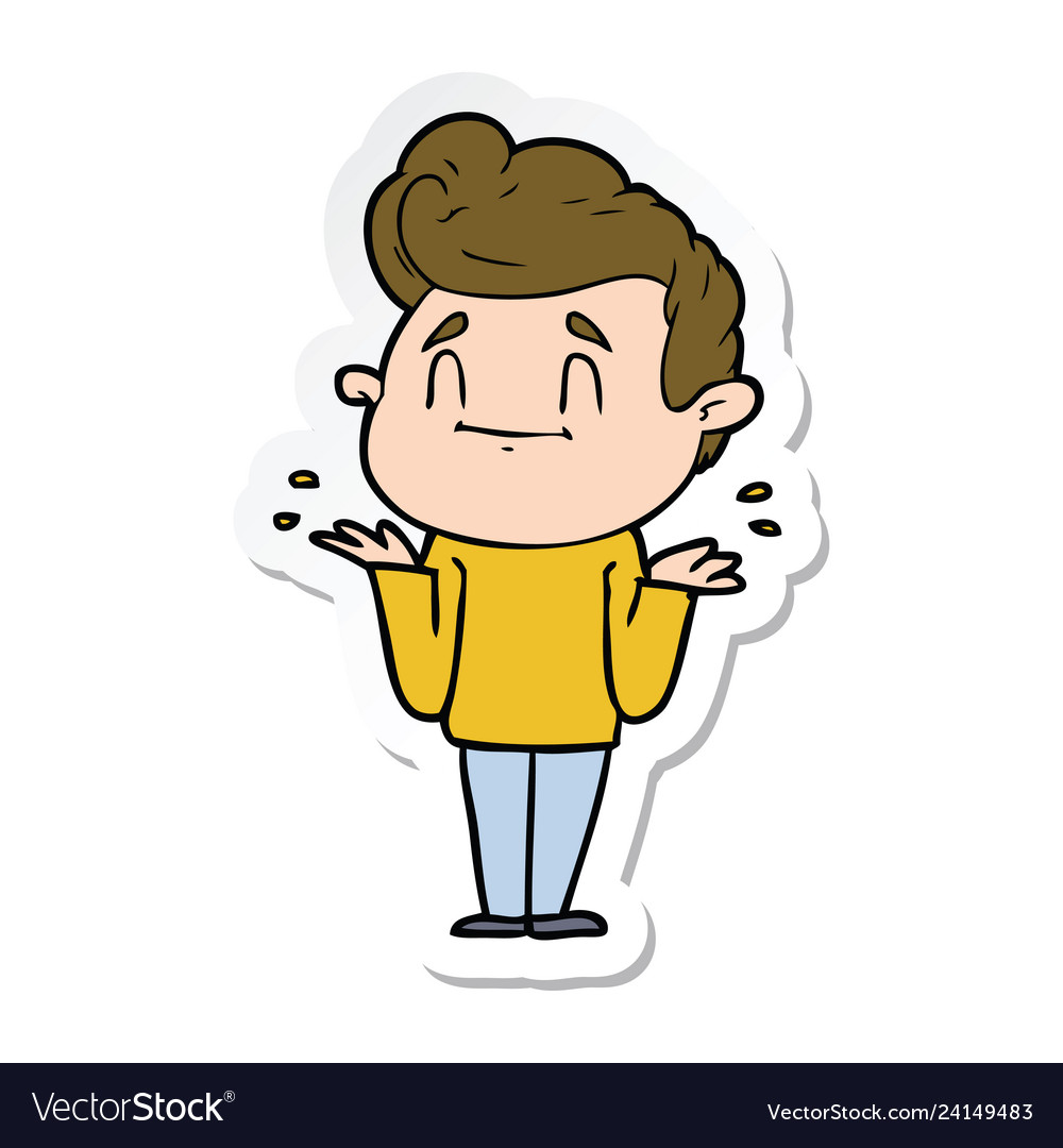 Sticker of a happy cartoon man shrugging Vector Image