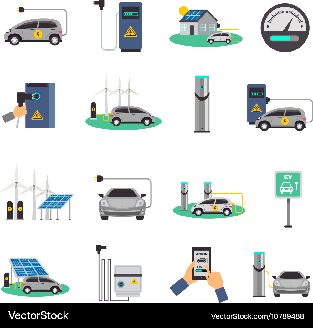Electric car charging flat icons set Royalty Free Vector