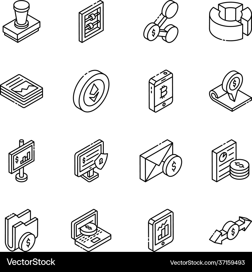 Business and banking linear isometric icons pack Vector Image