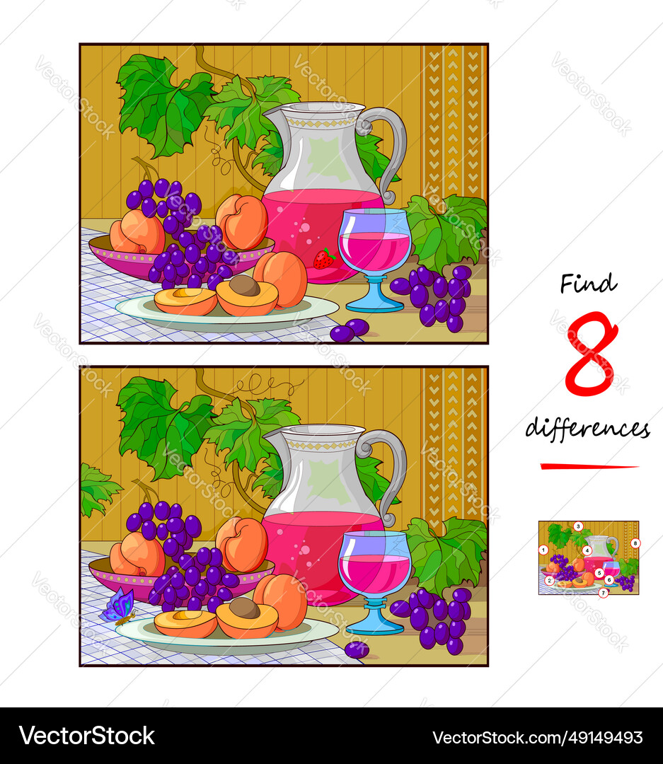 Find 8 differences of a still life with peaches Vector Image