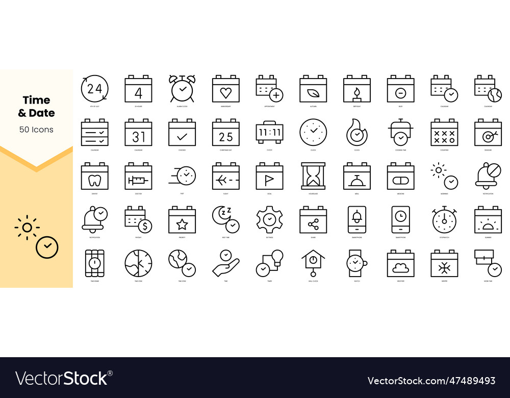 Set of time and date icons simple line art style Vector Image