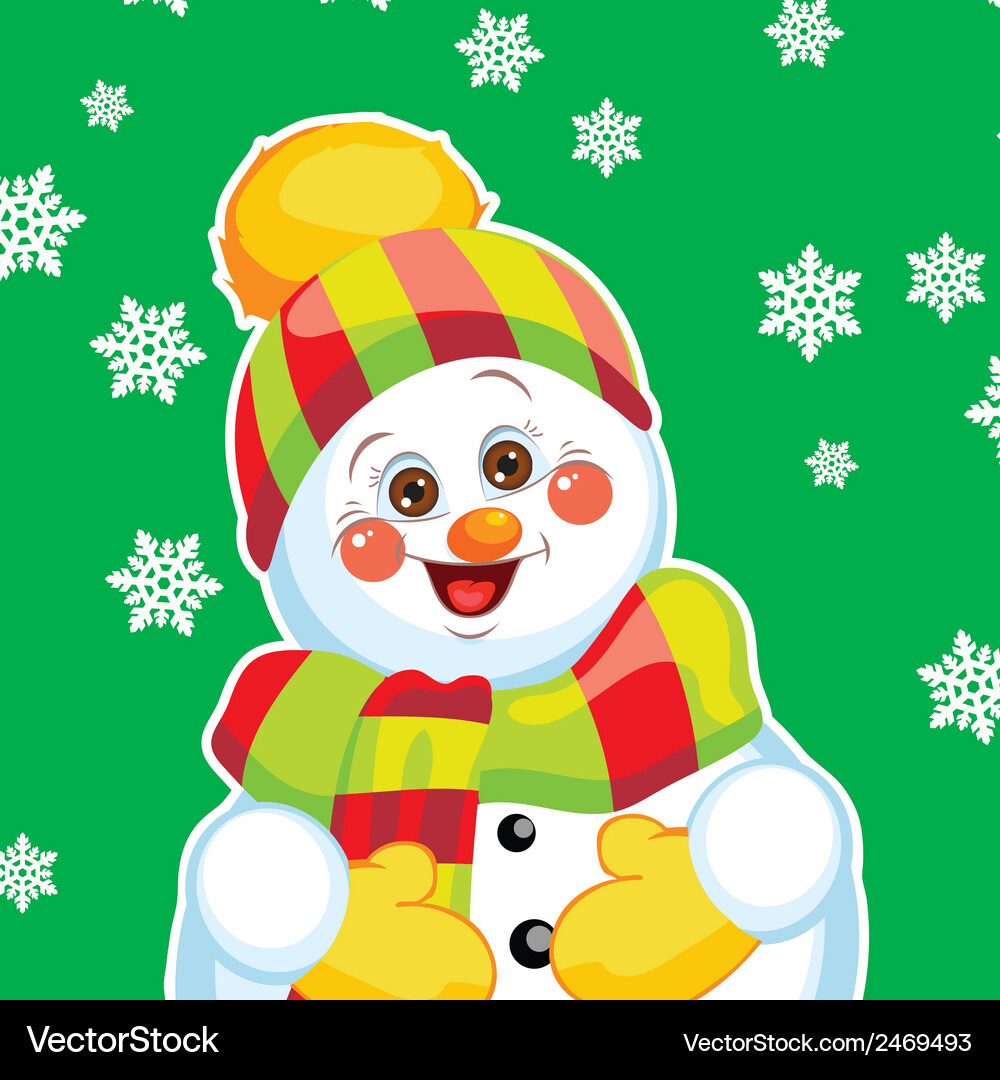 Snowman on green background with patterns Vector Image