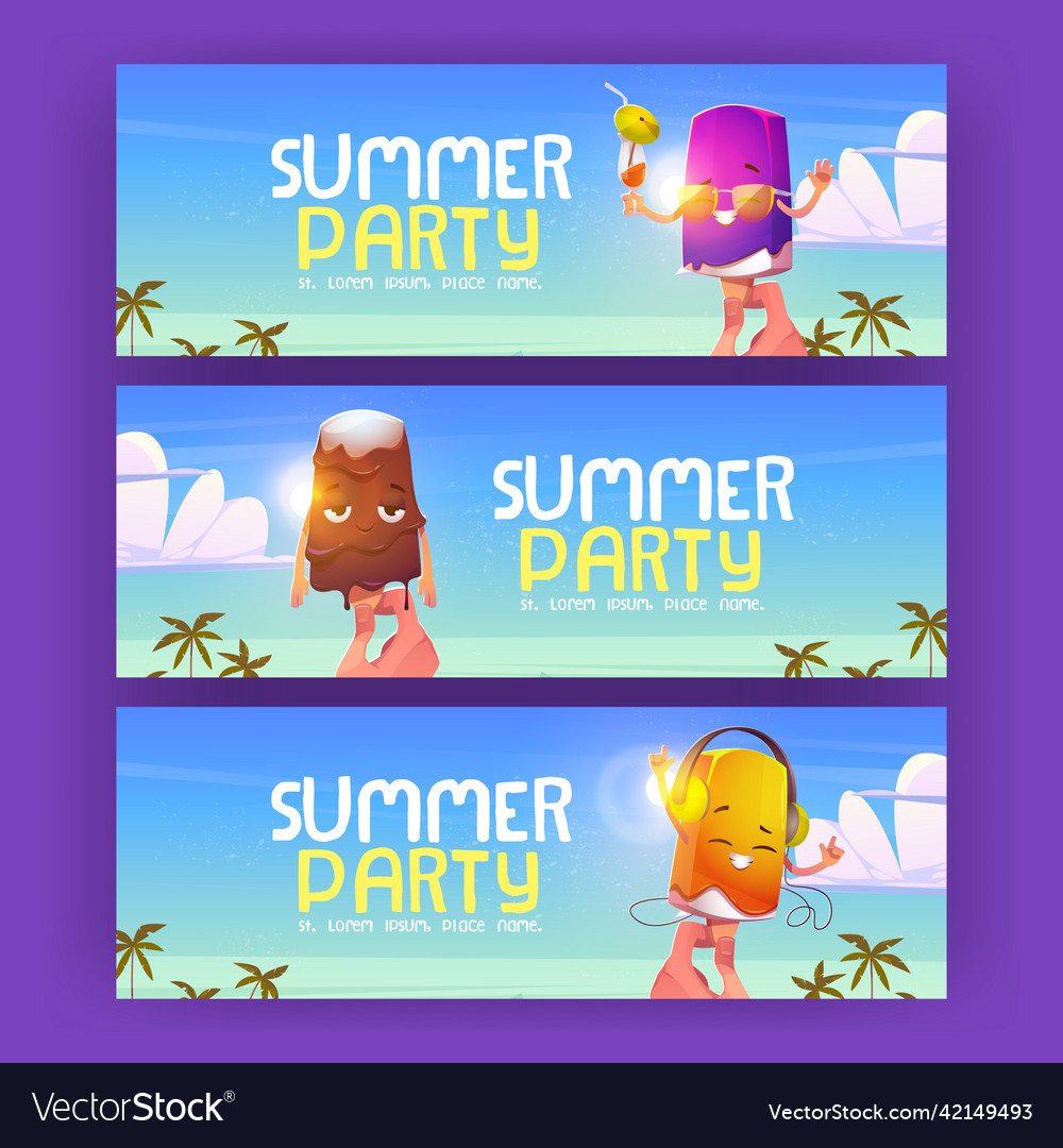 Summer party flyers with cute ice cream on beach Vector Image