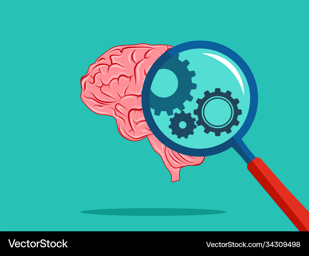 A cog in magnifying glass and brain Royalty Free Vector