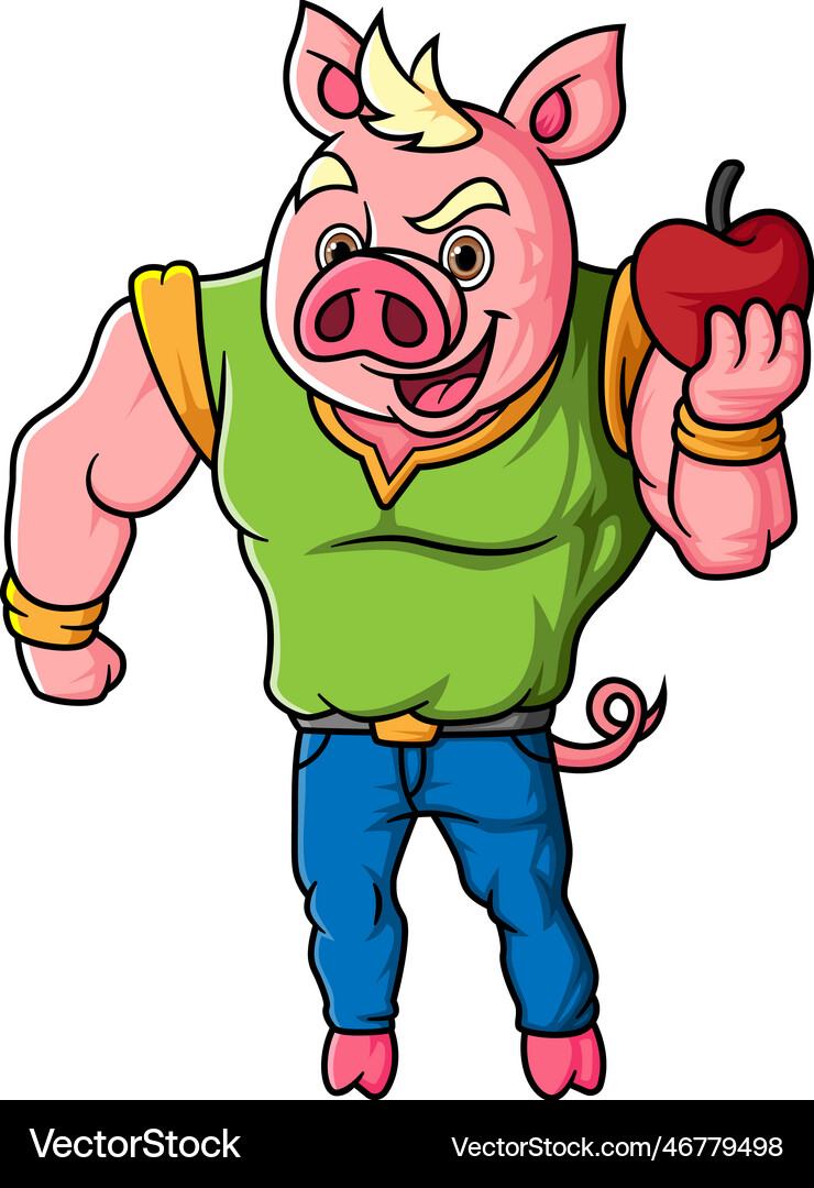 Characters a strong pig holding an apple Vector Image