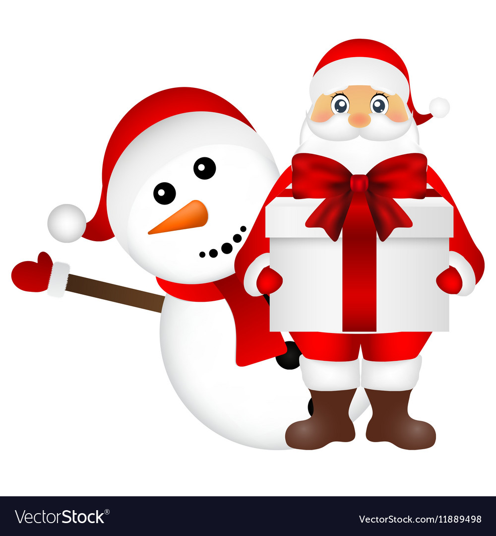 Santa claus with snowman cartoon a gift Royalty Free Vector
