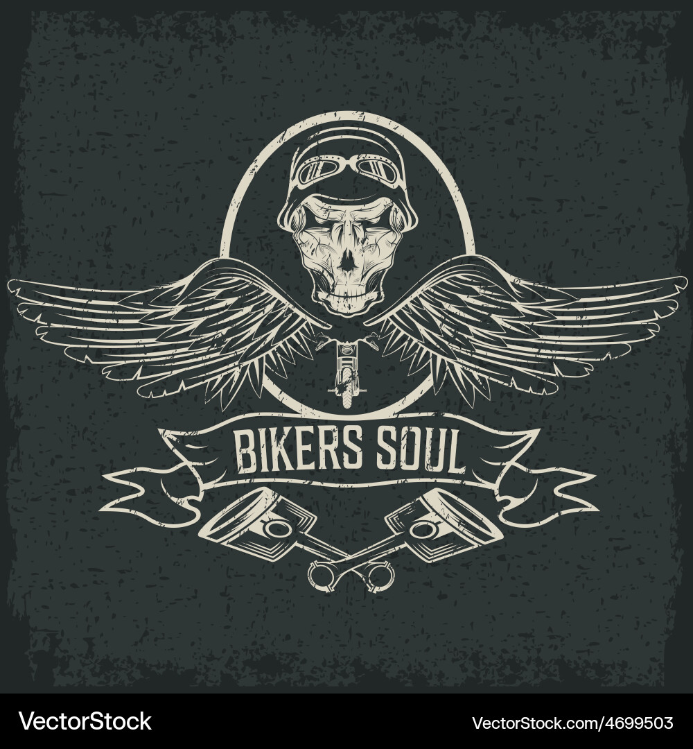 Biker theme label with pistons and skulls Vector Image