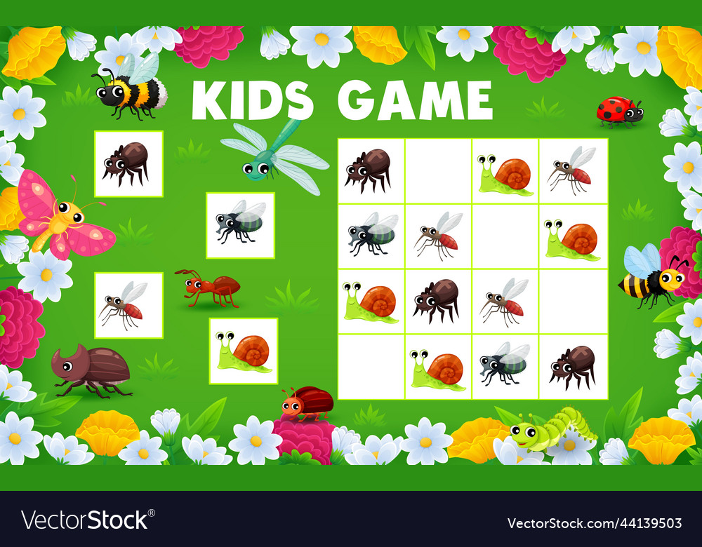 Sudoku kids game cartoon insects on summer meadow Vector Image