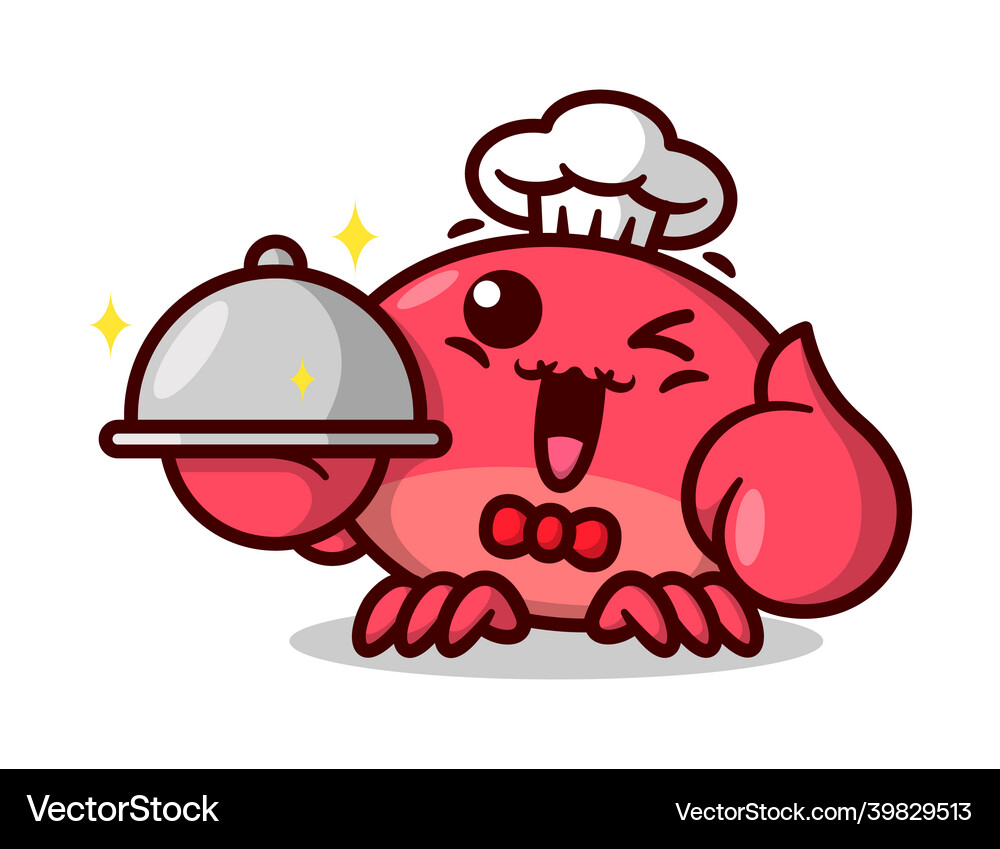 Cute red crab chef is smiling and serving food Vector Image