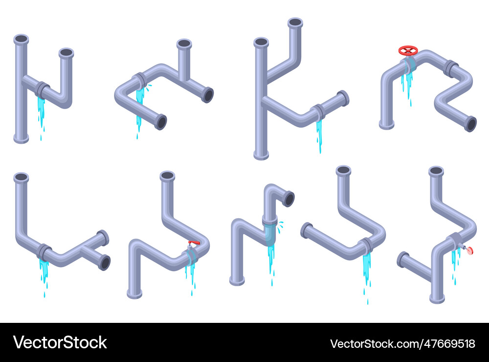 Leaking pipes isometric set broken pipe tube Vector Image