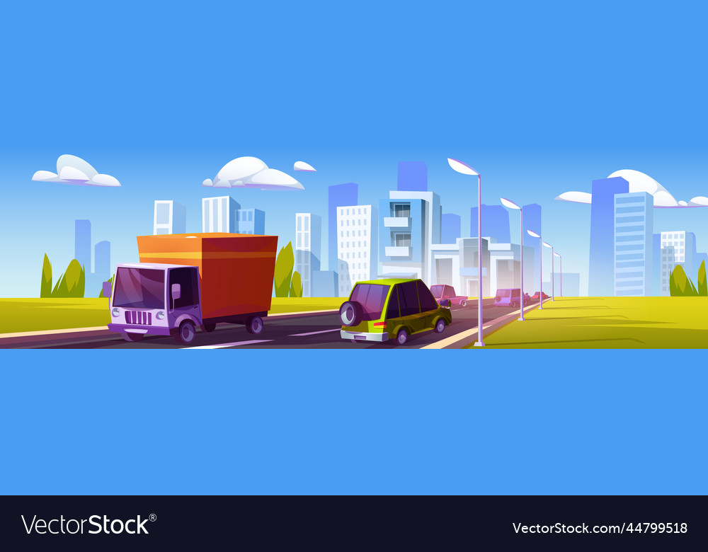 Traffic on highway against cityscape background Vector Image