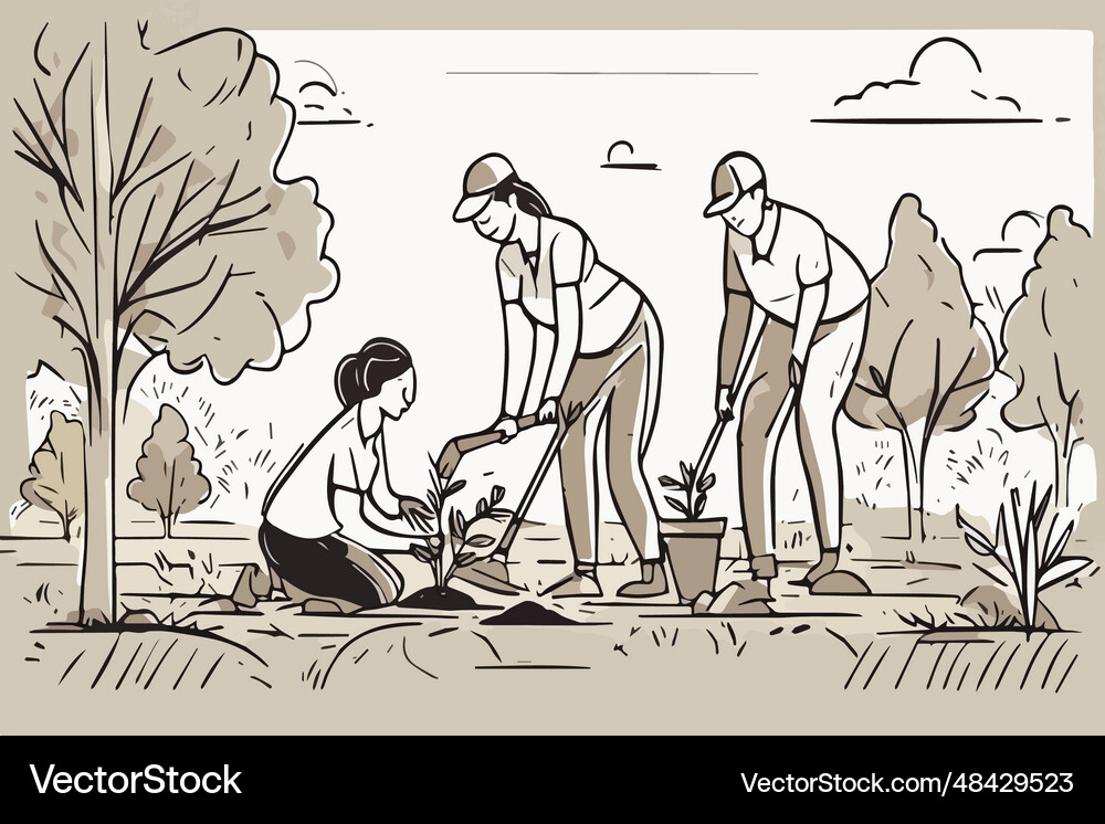 Man and woman planting tree linear Royalty Free Vector Image