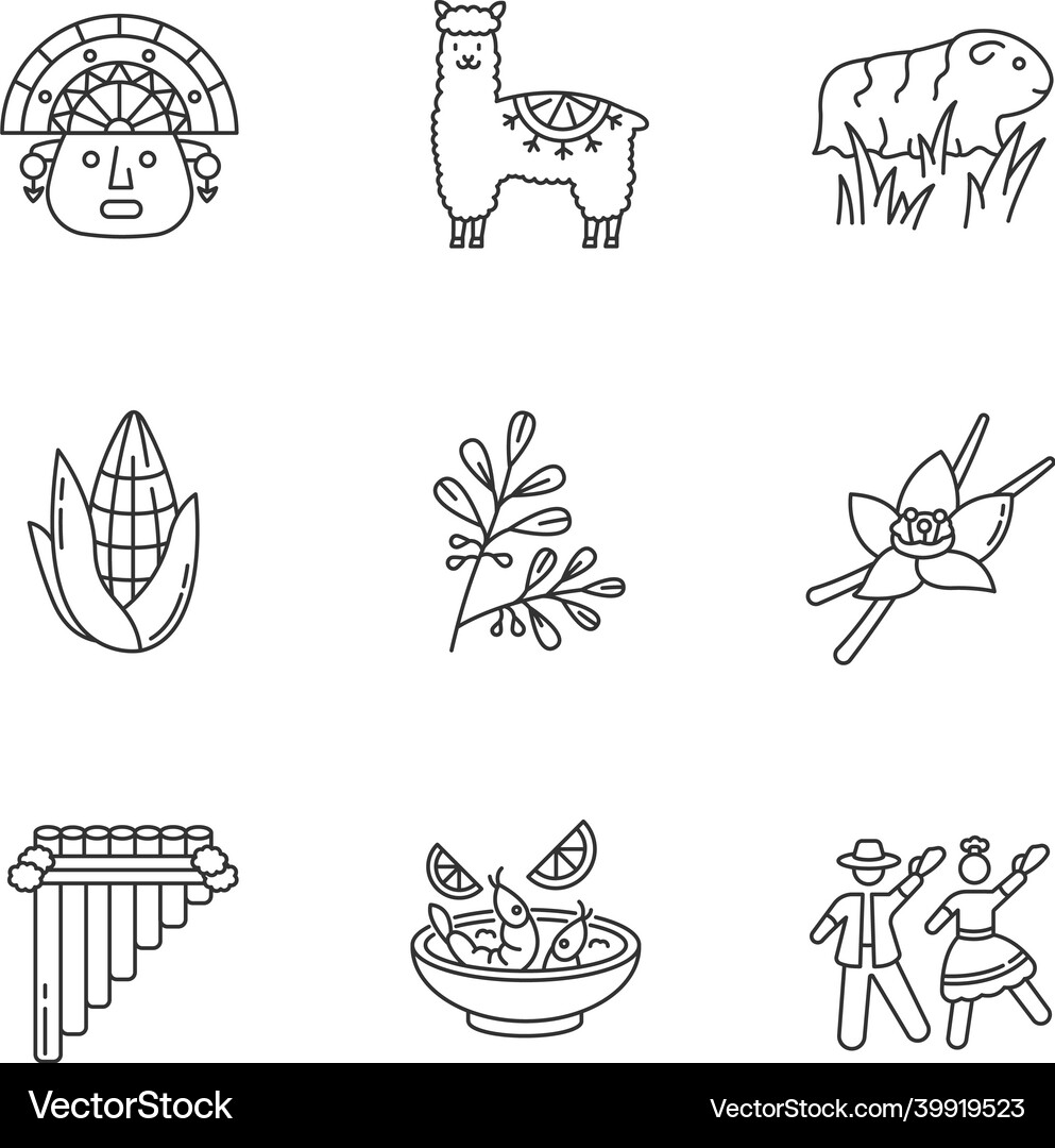 Peru pixel perfect linear icons set incas alpaca Vector Image