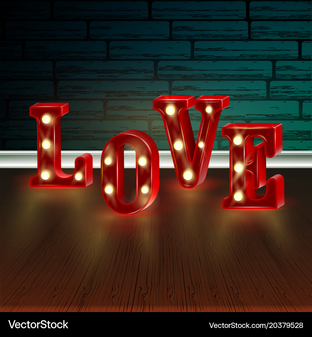 Neon 3d word love with lights Royalty Free Vector Image