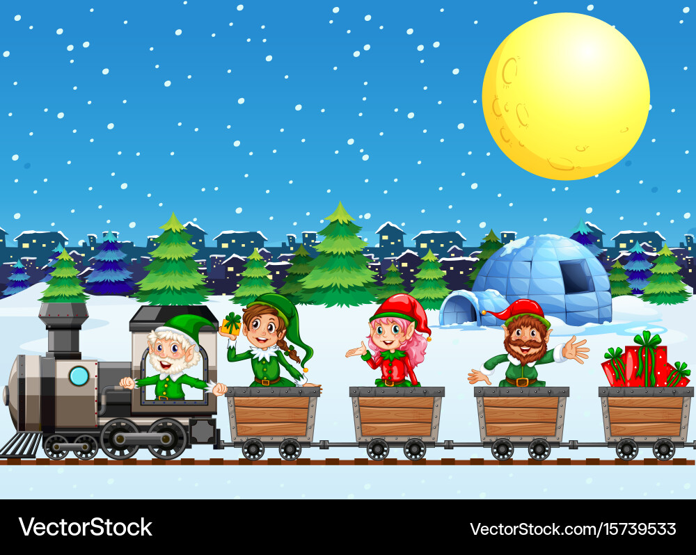 Christmas elves on train at night Royalty Free Vector Image