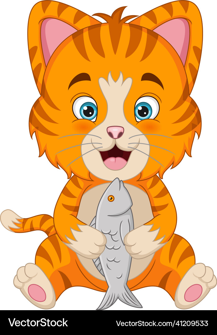 Cute cat cartoon holding a fish Royalty Free Vector Image