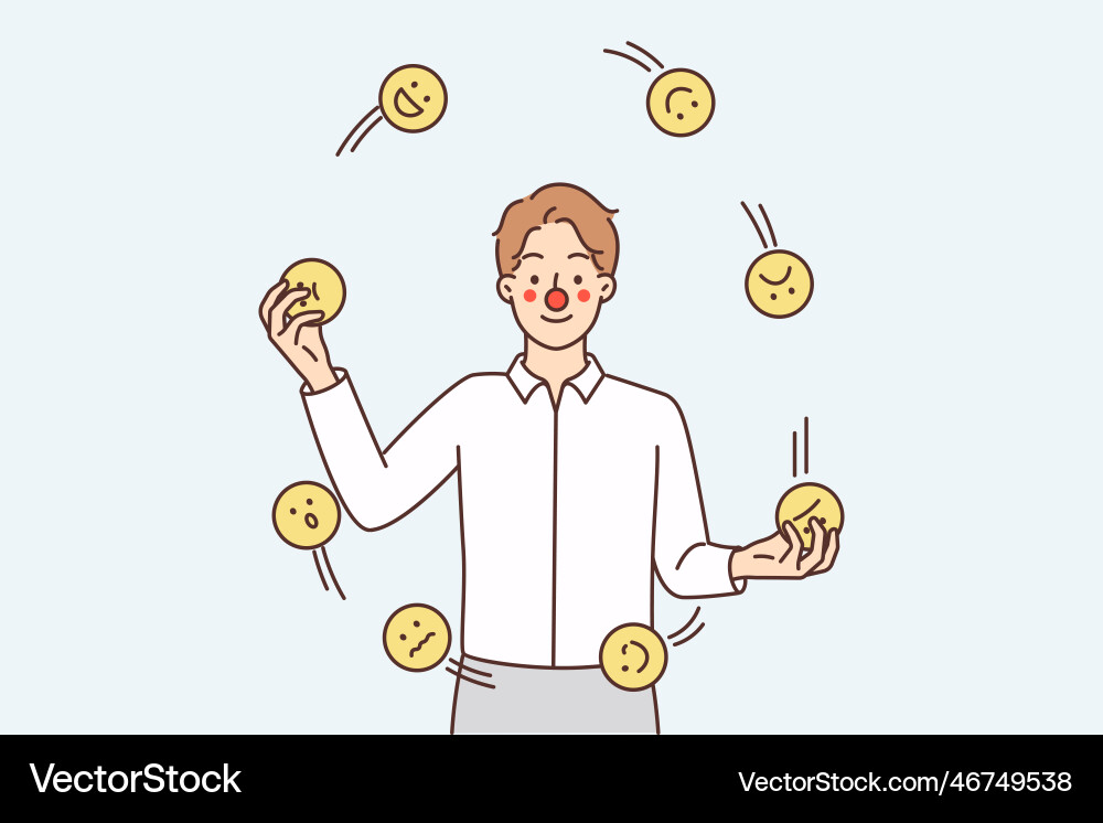 Man with clown face juggles emoticons with Vector Image