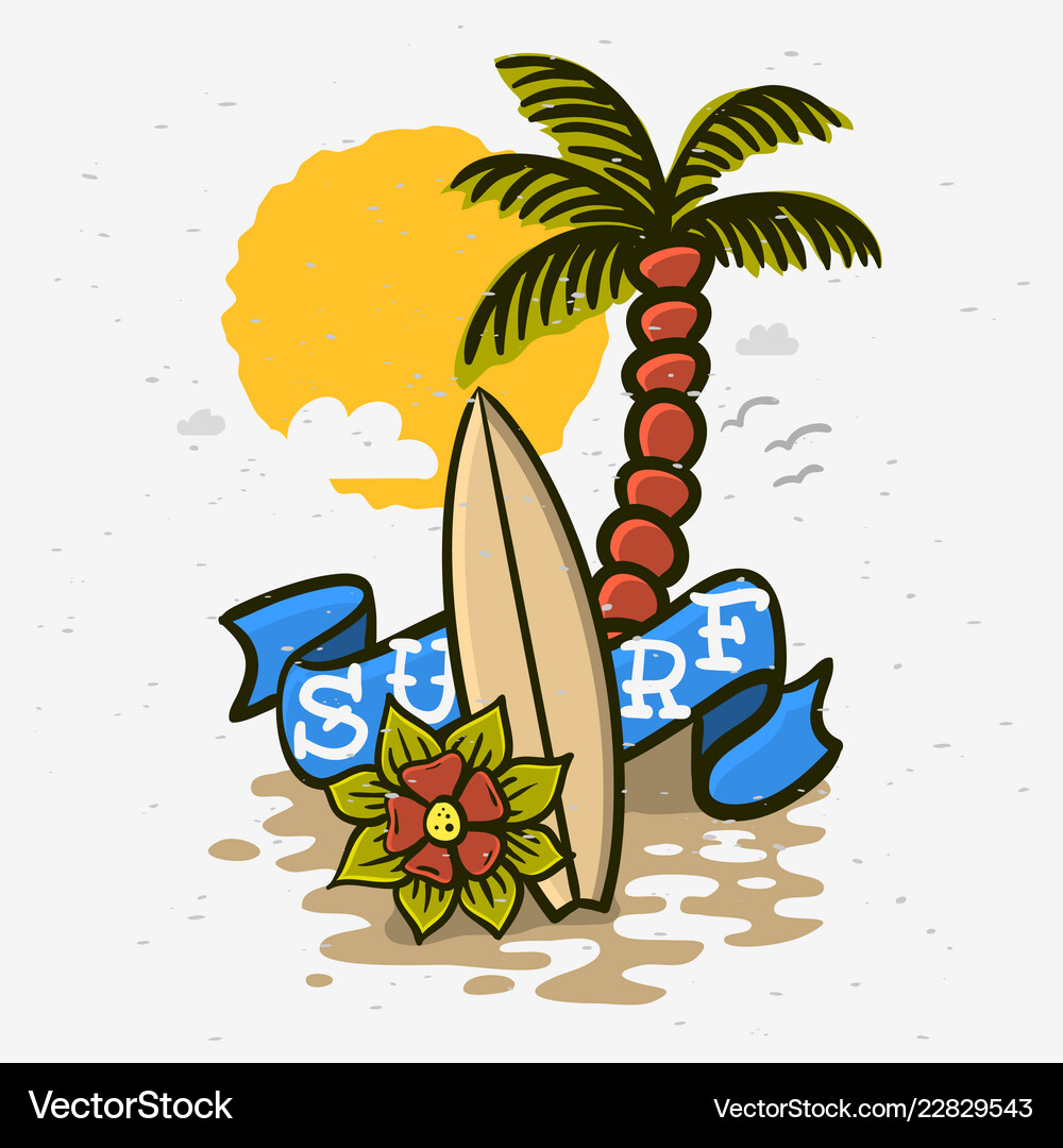 Surfing surf themed hand drawn traditional old Vector Image