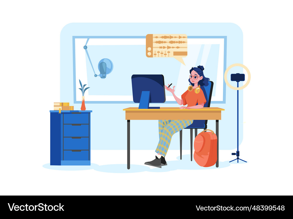 Woman editing podcast at the studio Royalty Free Vector