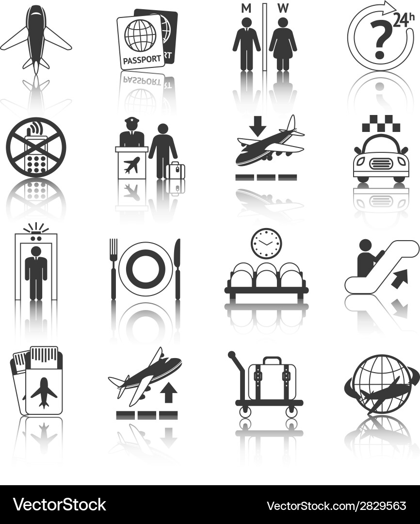 Airport icons black and white set Royalty Free Vector Image